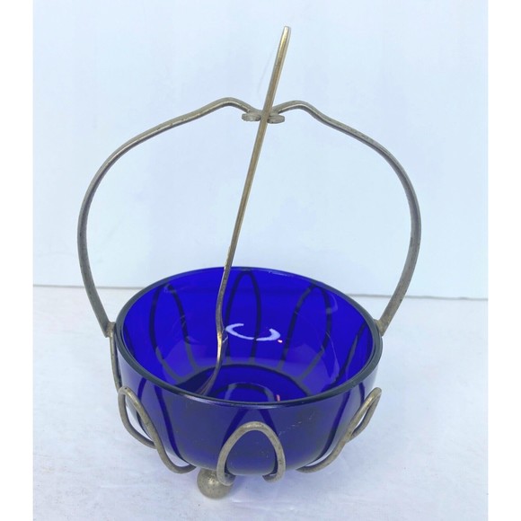 Unmarked | Dining | Vintage Cobalt Blue Glass Condiments Bowl Wmetal ...